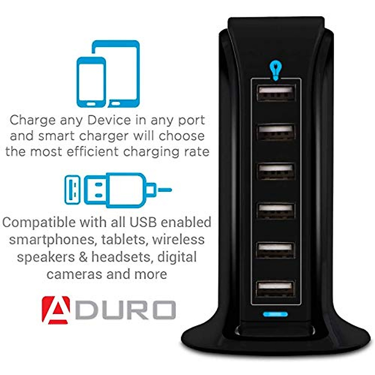 Aduro 40W 6-Port USB Desktop Charging Station Hub Wall Charger for iPhone iPad Tablets Smartphones with Smart Flow (Black)
