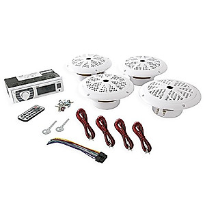Pyle Marine Radio Receiver Speaker Set 12v Single Din Style Bluetooth Compatible Waterproof Digital Boat In Dash Console System with Mic 4 Speakers, Remote Control, Wiring Harness PLMRKT38W (White)