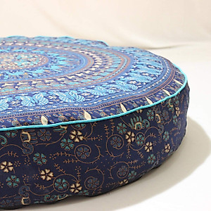 GDONLINE Indian Large Mandala Floor Pillow Comfortable Home Car Bed Sofa Large Mandala Floor Pillows Round Bohemian Meditation Cushion Cover Ottoman Pouf Cover Blue Color Round Pouf Cat Dog Bed