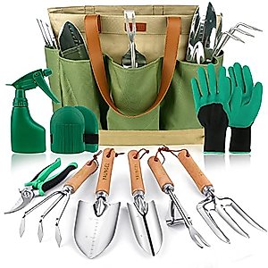 YAUNGEL Garden Tools Set, Gardening Tools Heavy Duty Stainless Steel Garden Supplies Hand Tools with Wooden Handle, Storage Tote Bag, Gardening Gifts for Women and Men, for Mom