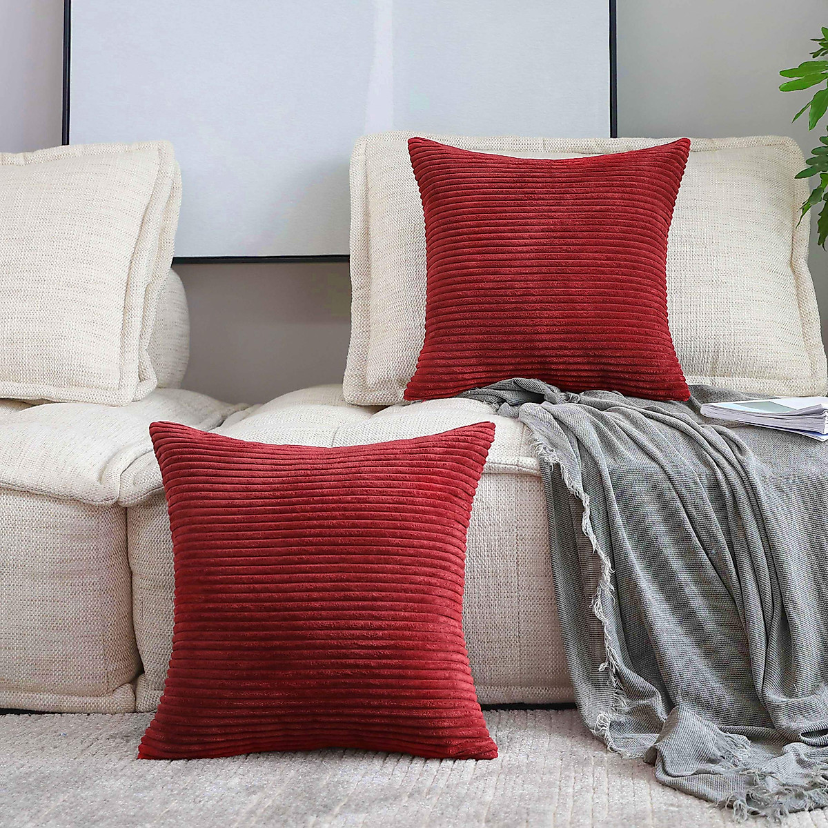 Home Brilliant 16x16 Pillow Covers Super Soft Corduroy Decorative Throw Pillows Cover 40x40 cm Dark Red Velvet Throw Pillows for Couch Sofa Living Room Bedroom, 16 x 16 Inch, Burgundy