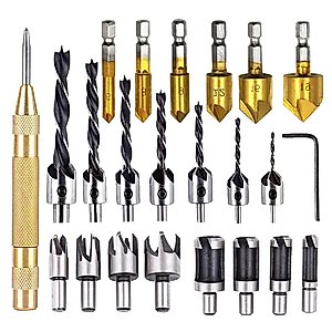 ARUGOU 23-Pack Woodworking Chamfer Drilling Tool Set, 8PCS Wood Plug Cutter, 7PCS Three-Pointed Countersink Drill Bit & L-Wrench, 6PCS 1/4"Hex 5 Flute Countersink Drill Bit (High Speed Steel)
