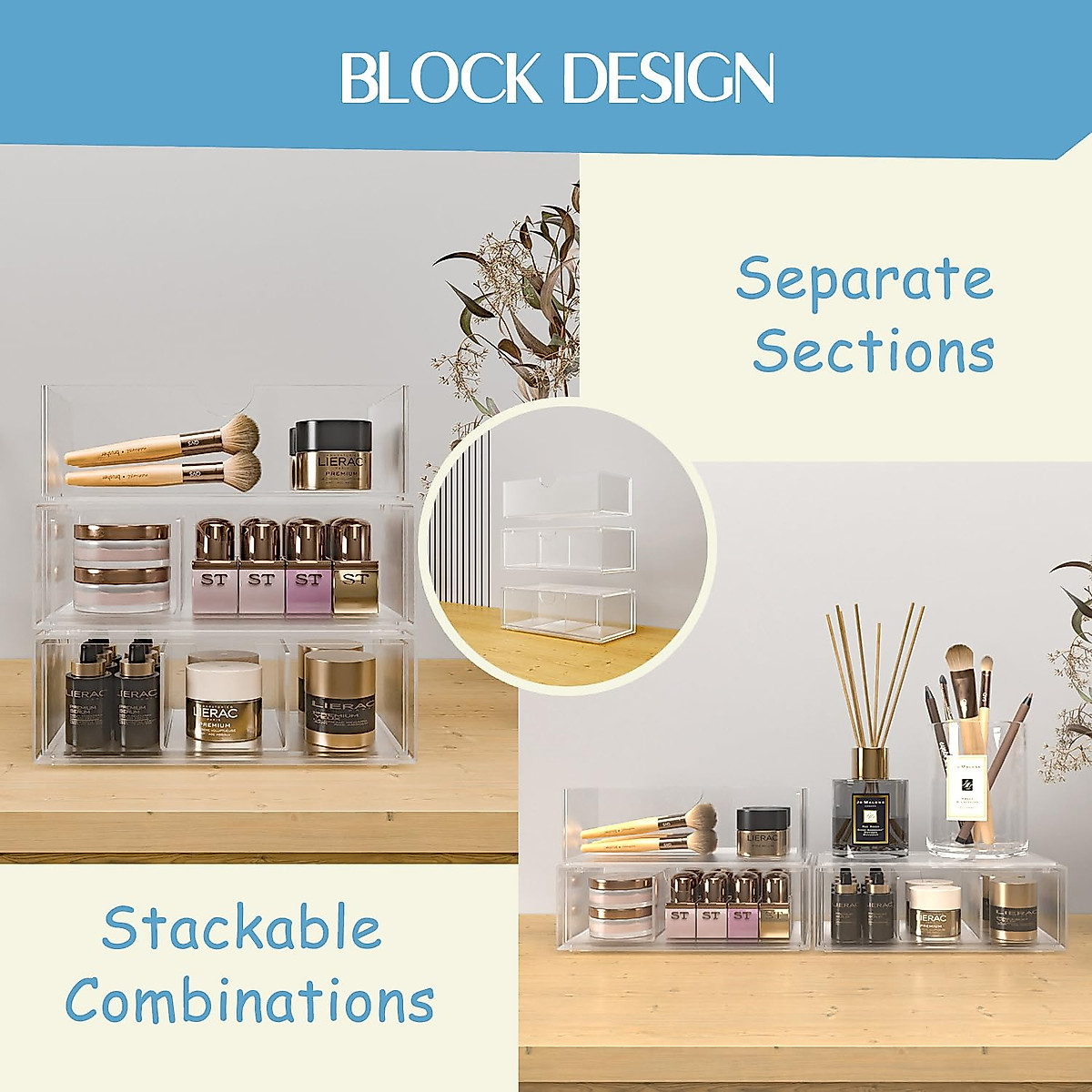 EAROND 3-Tier Medicine Cabinet Drawer Organizer Shelves,Divided and Stackable Storage Bins Trays with 2 Drawers for Bathroom Mirror Cabinet, Wall Cabinet, Vanity, Countertop-Clear