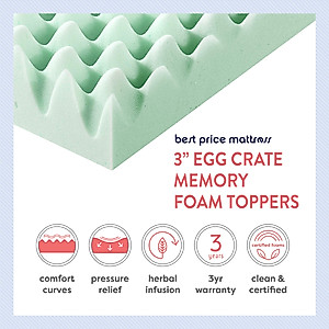 Best Price Mattress 3 Inch Egg Crate Memory Foam Mattress Topper with Calming Aloe Infusion, CertiPUR-US Certified, Short Queen