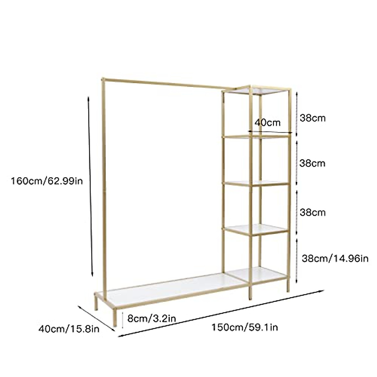 59"x63"Wardrobe Closet System Gold Clothing Rack Cothes Rack Shelf with Wood Shelves, Heavy Duty Metal Garment Rack Floor Standing Commercial Retail Display Hanging Rack for Boutiques, Bedroom