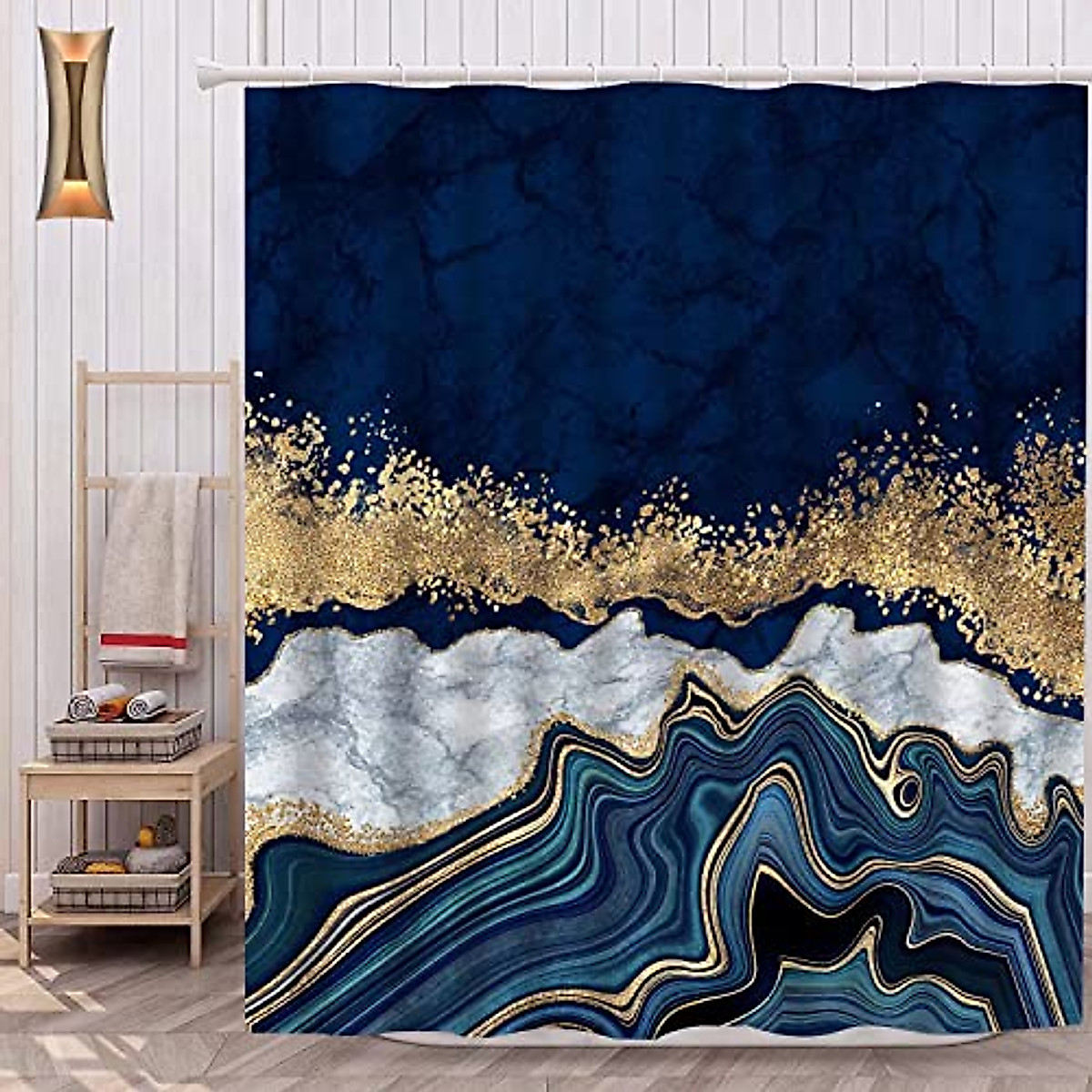 HOMAEUPIN 4 PCS Gold Marble Shower Curtain Sets with Non-Slip Rugs, Toilet Lid Cover, Bath U-Shaped Mat, Luxury Modern Marble Bathroom Sets with Rugs and 12 Hooks Accessories,Gold Dark Blue