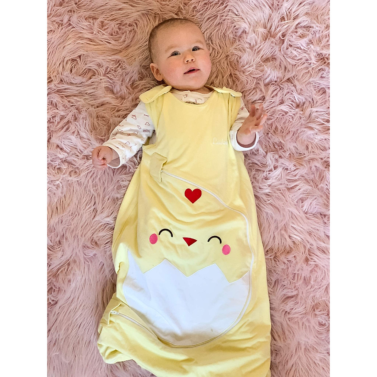 Luvberries - 100% Organic Cotton Baby Sleeping Bag, Unisex Swaddle Transition Sleep Sack with 2-Way Zipper and Nappy Change Zipper, Sleeveless Wearable Blanket, for Boys and Girls (Baby Chick)