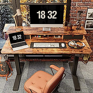 FEZIBO Height Adjustable Electric Standing desk with Double Drawer, 48 x 24 Inch Table with Storage Shelf, Sit Stand Desk with Splice Board, Black Frame/Rustic Brown Top, 48 inch
