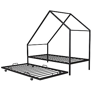Zaboro Twin Size House Bed,Metal Bed Frame with Trundle,Floor Height Platform Bed with Strudy Metal Slats Support,for Boys,Girls,Teens,Adults,No Box Spring Needed