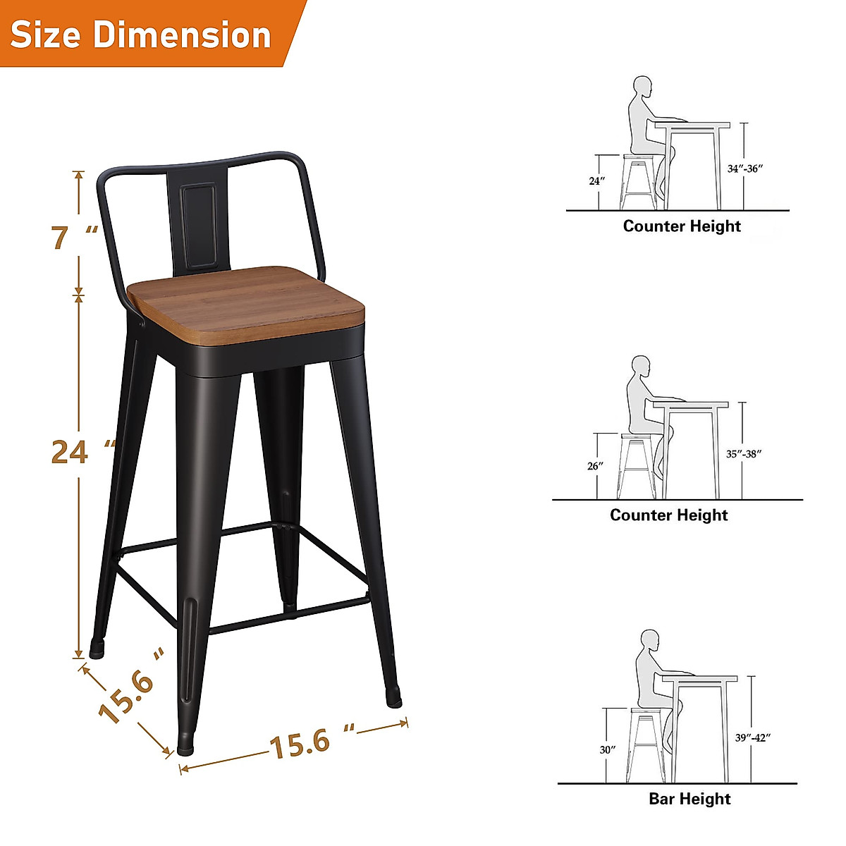 POINTANT Bar Stools Set of 4 Metal Bar Stool Counter Height Bar Stools Black, Modern 24" Bar Chairs with Back and Wooden Seat Bar Stools Counter Height