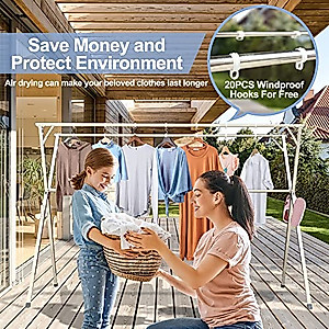 MRCTVG Upgrade 79 Inches Clothes Drying Rack, Premium Stainless Steel Adjustable and Foldable Laundry Drying Rack for Indoor Outdoor, with 20 Windproof Hooks