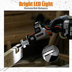 WORKSITE Brushless Reciprocating Saw, 20V Cordless One-Handed Reciprocating Saw w/2.0Ah Battery & 1-Hour Fast Charger, Variable Speed Trigger, 6 Saw Blades for Wood/Metal/PVC Pipe Cutting