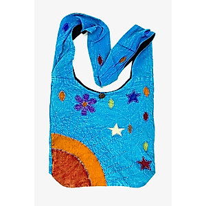 Elements of Nature Bohemian Hand-Stitched Hippie Hippy Shoulder Crossbody Monk Handbag in Blue Large