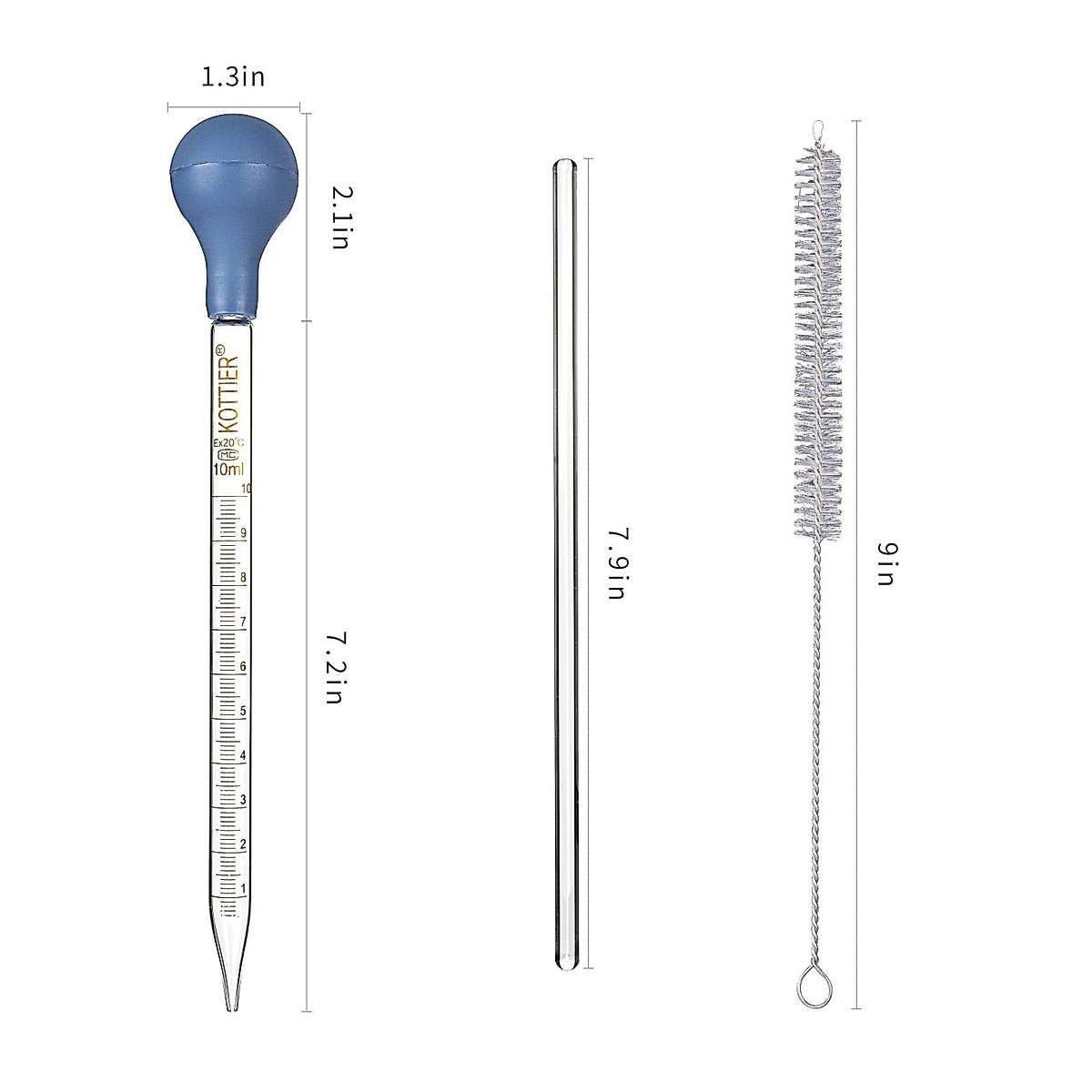 YEER 2Pcs 10ml Glass Graduated Droppers Lab Pipettes Liquid Glass Pipette with Rubber Caps 2 Pcs 20 cm Glass Stir Rod and Droppers Brush