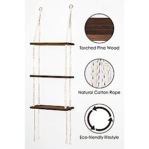TIMEYARD Macrame Shelf Hanging Shelves, Wood Wall Shelf with Woven Rope, Rustic Floating Shelves Storage Organizer, 3 Tier Shelf Boho Decor for Living Room, Bathroom, Bedroom