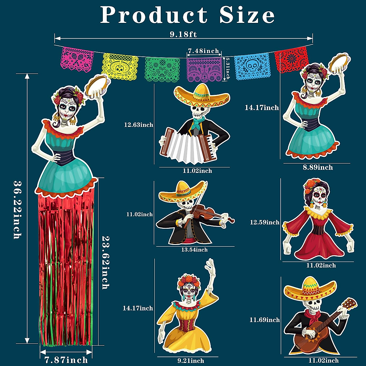 6Pcs Day of The Dead Decorations Sugar Skull Hanging Decor - Dia De Los Muertos Papel Picado Banner Mexican for Halloween Party Home Outdoor Decoration