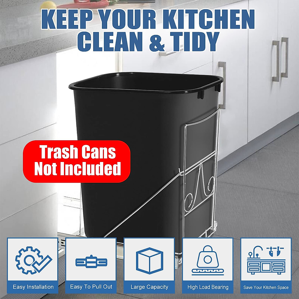NICVSLEC Adjustable Under-Sink Trash Can, Chrome Steel, 100-Pound Capacity, Pull-Out Slide, Fits 7-11 Gallon Bins