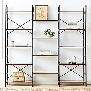 SUPERJARE Triple 5 Tier Bookshelf, Bookcase with 14 Open Display Shelves, Ladder Bookshelf, Wide Book Shelf Book Case with Steel Frame, Wood Board, for Home & Office, Dark Brown