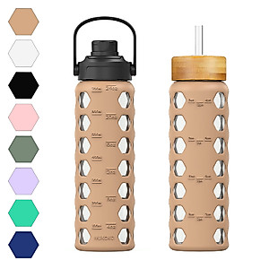 MUKOKO 32oz Glass Water Bottles with 2 Lids-Handle Spout Lid&Bamboo Straw Lid, Motivational Water Tumbler with Time Marker Reminder and Silicone Sleeve, Leakproof-Amber-1 Pack