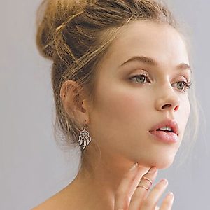 INFUSEU Sterling Silver Dream Catcher Feather Tassel Dangle Earrings for Women Ladies, Tribal Amulet Boho Bohemian Charms Fashion Jewelry