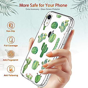 GiiKa iPhone XR Case with Screen Protector, Clear Heavy Duty Protective Case Floral Girls Women Shockproof Hard PC Back Case with Slim TPU Bumper Cover Phone Case for iPhone XR, Green Cactus