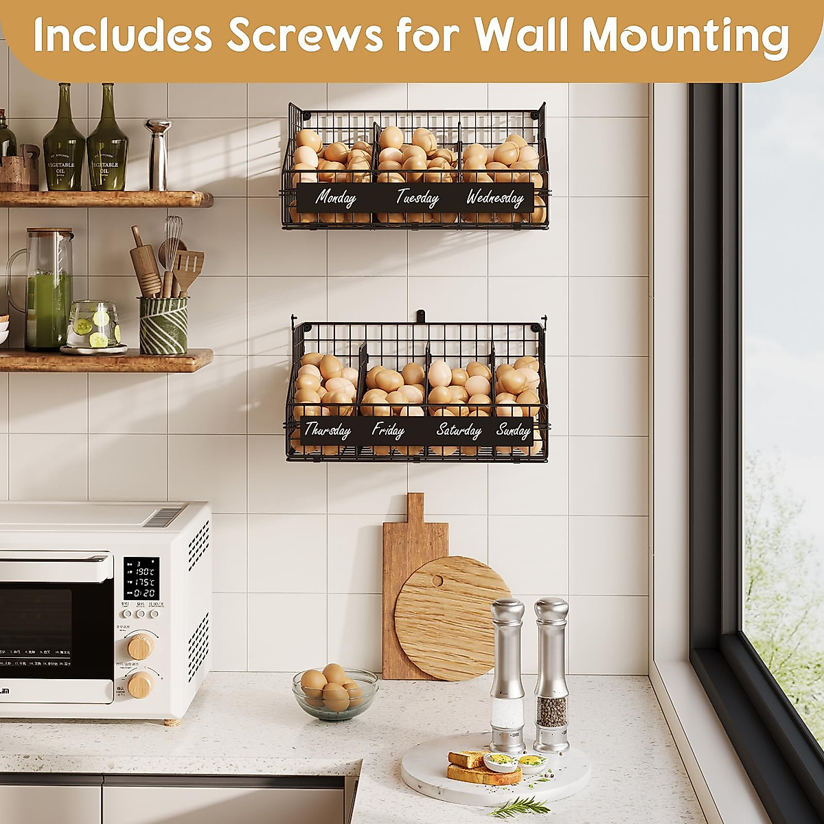 keomaisyto Fresh Egg Holder with 5 Dividers to Separate Eggs for a Week, 2 Tier Stackable Wire Baskets for Gathering Eggs, XXL Egg Rack for Countertop/Wall-Mounted, With DIY Labels (Patent Pending)