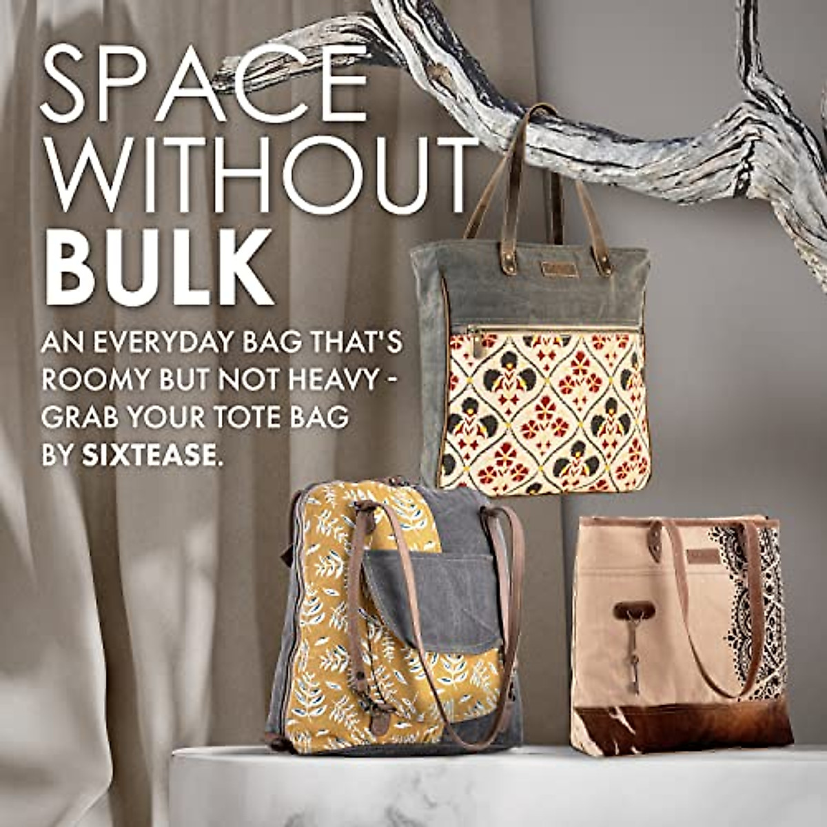 Tote Bags for Women by Sixtease - Large Tote Bag with Zipper Top - Genuine Leather Strap, Upcycled Canvas, Rug, Hair On and Hardware Accents - Vintage Style Hand Stitched - Fossil