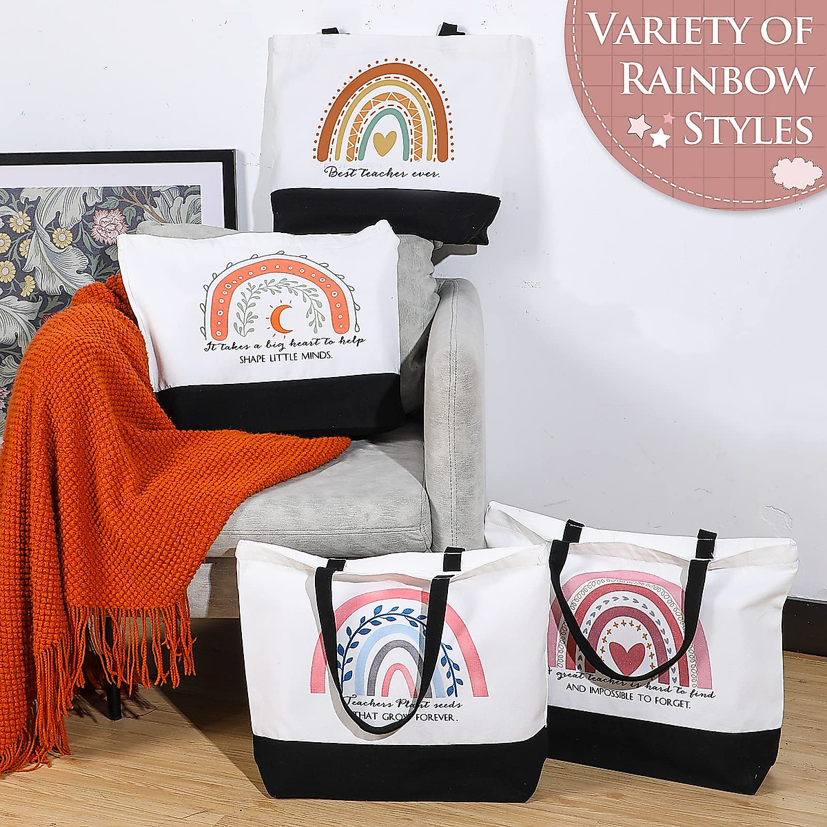 Kajaia Teacher Appreciation Gifts Rainbow Canvas Tote Bags and Cosmetic Bag for Teacher Coworker Nurse(Rainbow)