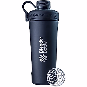 BlenderBottle Strada Shaker Cup Insulated Stainless Steel Water Bottle with Wire Whisk, 24-Ounce, Black & Radian Shaker Cup Insulated Stainless Steel Water Bottle, 26-Ounce, Matte Black
