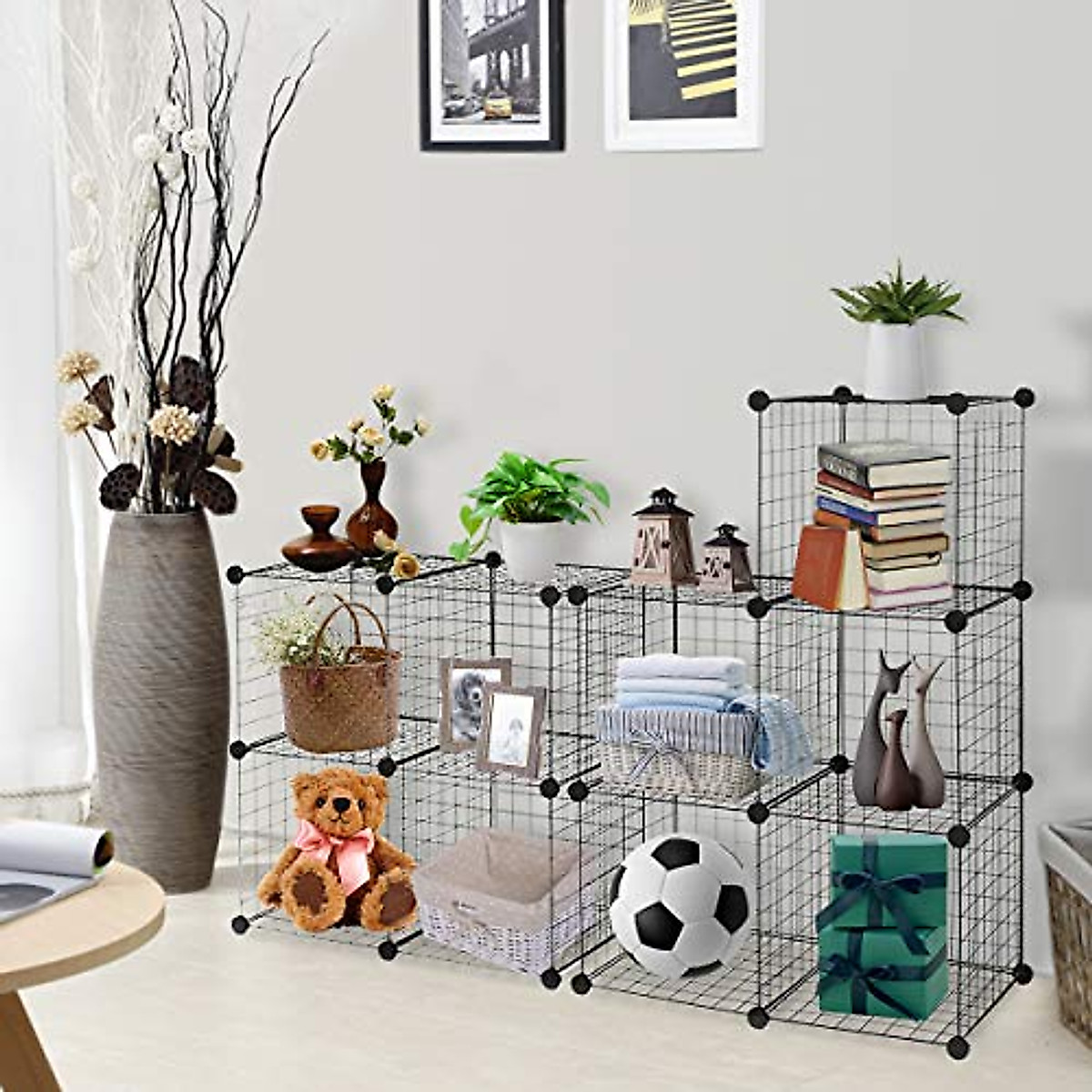 NAFORT 12-Cube Metal Grid Storage Rack, Stackable Free Standing Storage Organizer, DIY Cabinet Bookshelf, Easy to Assemble, 56” L x 14” W x 56” H(Black)