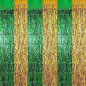 Peryiter 6 Pcs Backdrop Curtain 3.3 x 6.6 ft Glitter Tinsel Foil Fringe Curtains PET Fringe Curtain Backdrop Party Photo Backdrop Streamer Backdrop for Home Outdoor Party (Green, Gold)