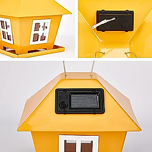 JUYUAN Solar Bird Feeder Yellow House Hanging Outdoor for Cardinal, Metal Rain Proof for Wild Bird, Small Cute Home Design and Lights up Automatically at Night, Decorative Gifts (Yellow)