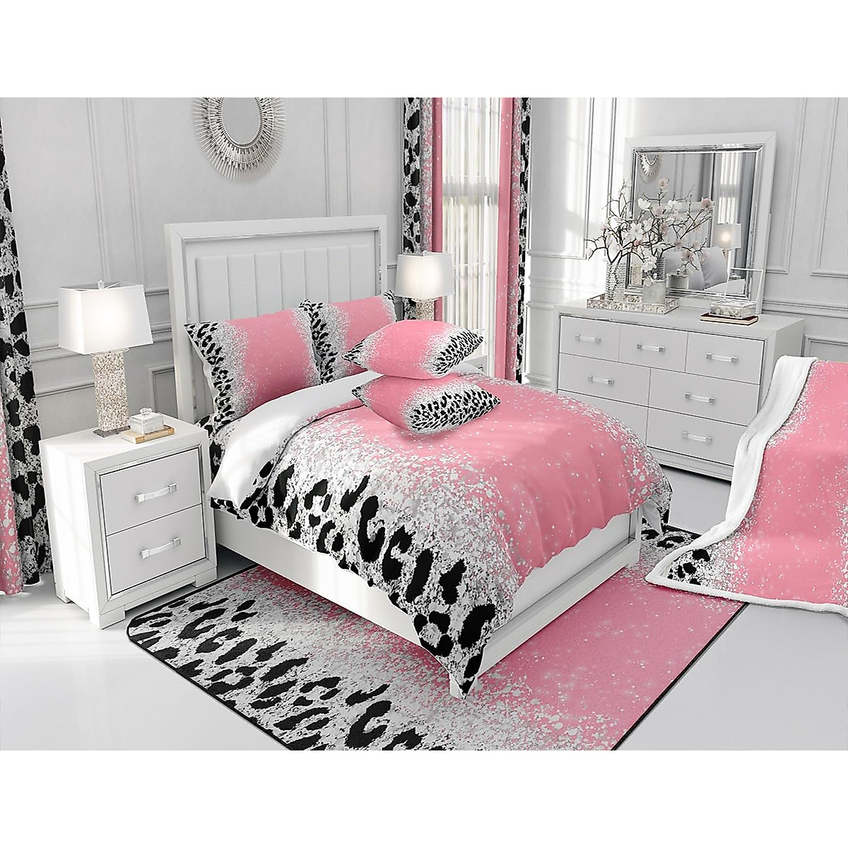 Ombre Pink (Not Glitter) Bedding Set Twin Size Pink Black Leopard Glitter 100% Cotton Duvet Cover Glam Glitter Art Prints Comforter Cover Black Leopard Silver Shiny Glitter Bedspread Cover 2Pcs