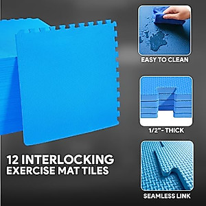 Signature Fitness Puzzle Exercise Mat with EVA Foam Interlocking Tiles for MMA, Exercise, Gymnastics and Home Gym Protective Flooring, 1/2" Thick, 48 Square Feet, Blue