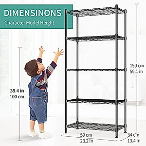 ALVOROG 5-Shelf Shelving Storage Unit Heavy Duty Metal Organizer Wire Rack with Leveling Feet and Hooks Adjustable Shelves for Bathroom Kitchen Garage (23.2Lx13.4Wx59.1H)