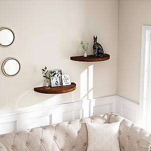 Small Floating Shelves for Wall Set of 2, Rustic Solid Pine Half Round Wood Walll Mounted Shelves for Bedroom Living Room Bathroom Kitchen Office and Plants Wall Decor (2, Brown)