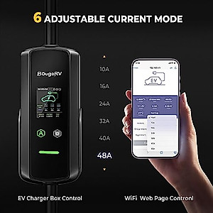BougeRV Portable 48 Amp EV Charger Level 2, 240V, NEMA14-50P, 11.52KW Max Output with Adjustable Current and Charging Schedule, Plug-in Electric Vehicle Charging Cable with 25Ft for Indoor/Outdoor Use