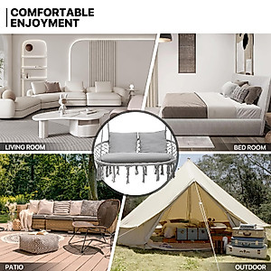 MoNiBloom Outdoor 2 Seat Hammock Chair with 3 Cushion, Indoor/Outdoor Hanging Macrame Swing Boho Chair for Adults, Max 700 lbs Capacity Patio Hanging Chair Porch Hammock Chair Hanging Rope Swing, Grey