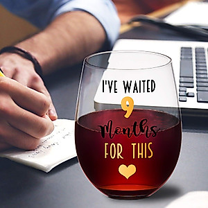 I've Waited 9 Months For This! Funny New Mom Stemless Wine Glass for Expectant Moms and Post Pregnancy Gifts, Funny 18 oz Stemless Wine Glasses for Women, Her, Mom on Mother's Day or Christmas