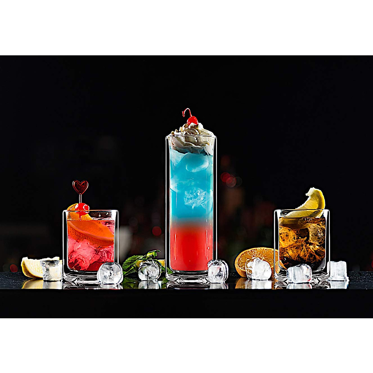 Sun's Tea Tropical Delight - Strong Double Wall Insulated Highball Tall Tom Collins Drinking Glasses for Bourbon or Whiskey or Rum Cocktail, Martini, Champagne, Beer, Mojito, Jiuce - Set of 2 (14 oz)