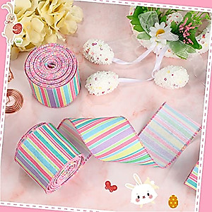 2 Rolls 20 Yards Easter Spring Wired Ribbon Pastel Stripe Canvas Ribbon Horizontal Stripe Wired Edge Ribbon Spring Decorative Ribbon Stripe Craft Ribbon for Wrapping Easter Party Crafting (2.5 Inch)