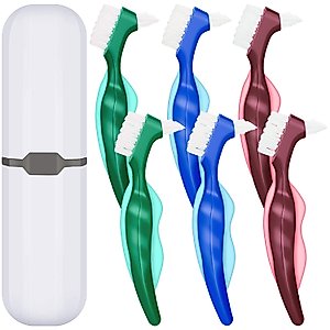 WILLBOND 6 Pieces Denture Brushes Cleaning Hard Denture Toothbrush Retainer Brush with White Carrying Case for False Teeth Cleaning(Red, Green and Blue)