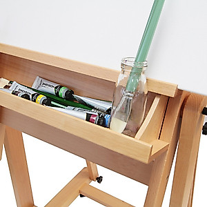 Mont Marte Tilting Studio Wooden Floor Easel. Height Adjustable Extra Large H-Frame Featuring a Large Tilt Range. Castor Wheels Allow Easy Movement and Can Be Locked into Place.