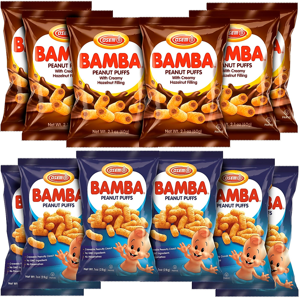 Bamba Peanut Butter Snacks All Natural Peanut Butter PB Corn Puffs (6 Hazelnut Cream , 2.1oz Bags + 6 Regular, 1oz Bags)