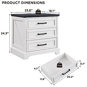 ACCOHOHO Farmhouse Nightstand with Charging Station, 24 Inch Wide End Table with 3 Large Drawers & Bar Handles, Rustic Wood Small Dresser Chest of Drawers for Bedroom, Living Room, Closet, Off White