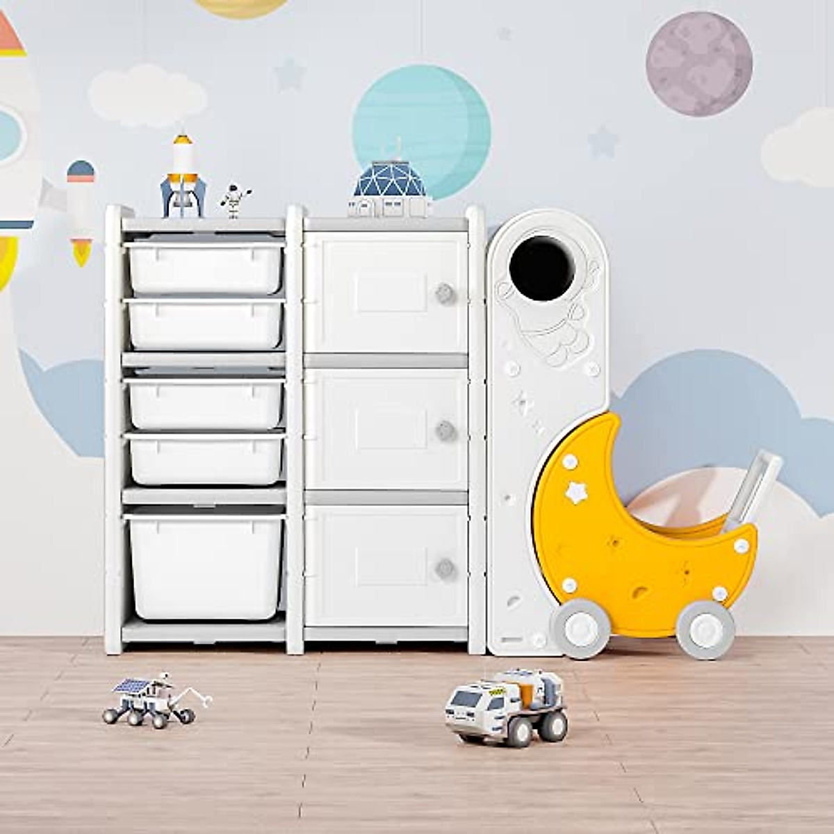 duke baby Kids 3 Layer Toy Storage Organizer with 5 Storage Bins, 3 Toy Cabinets with Doors, Display Bookshelves and Toy Cart for Kids Playroom Bedrooms Age 1-12, Space Collection Medium