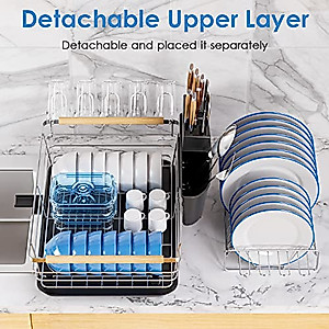 G-TING Dish Drying Rack, 2 Tier Detachable Dish Rack and Drainboard Set, Rust-Proof Drying Rack for Kitchen Counter, Large Capacity Dish Drainer with Utensils Holder and Cup Rack, Silver