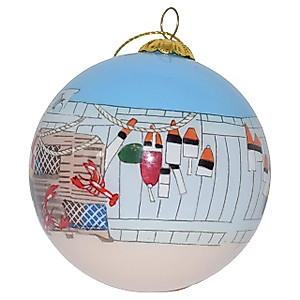 Blown Glass Christmas Ornament | Lobster Traps & Buoys On Fence Martha's Vineyard | Hand Painted Inside | Original Art | Includes Gift Box