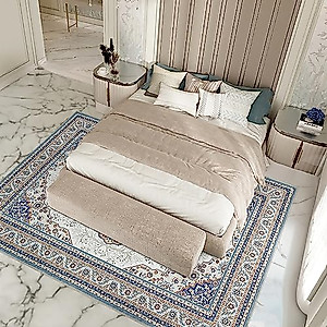 Area Rug Living Room Rugs: 9x12 Machine Washable Rug Soft Low Pile Area Rug with Non-Slip Backing, Medallion Floor Carpet for Bedroom Dining Room Nursery Home Office-Blue/Cream