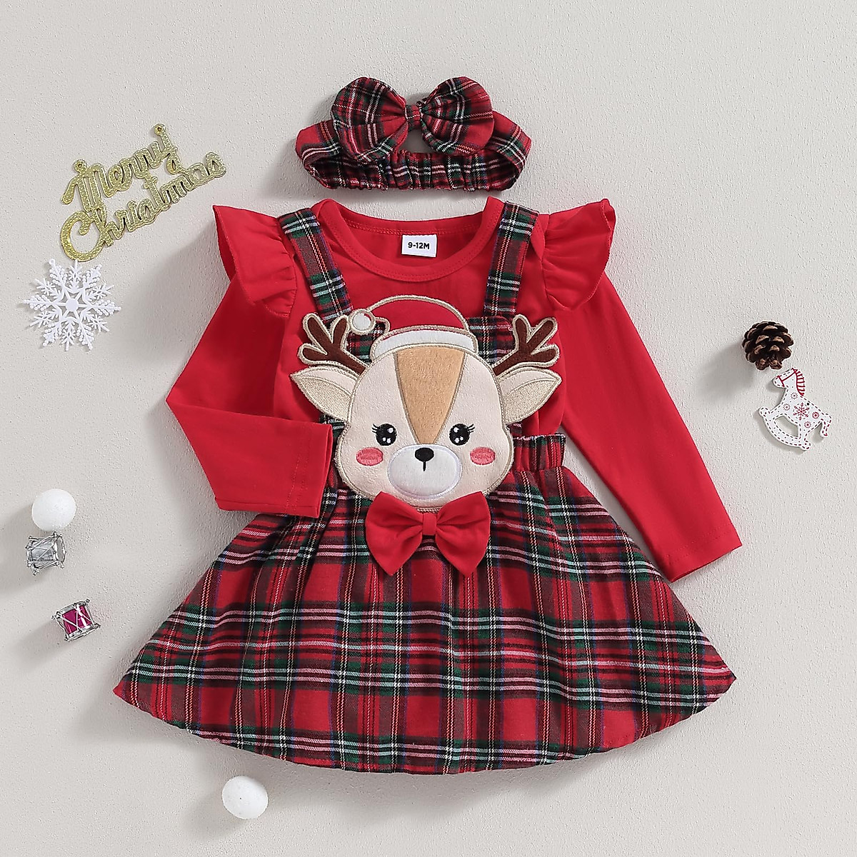 YINGISFITM My First Christmas Baby Girl Outfit Ruffle Long Sleeve Onesie Elk Embroidery Plaid Skirt Set Fall Winter Clothes (First Christmas Red, 6-9 Months)